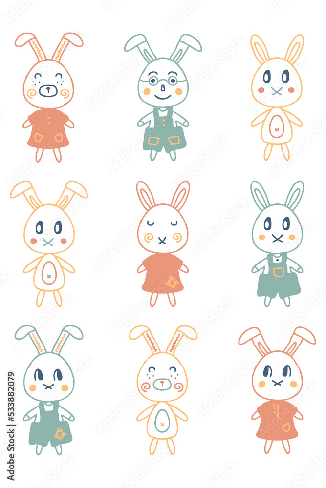 Cartoon style childish bunny doodle collection. Perfect set for T-shirt ...