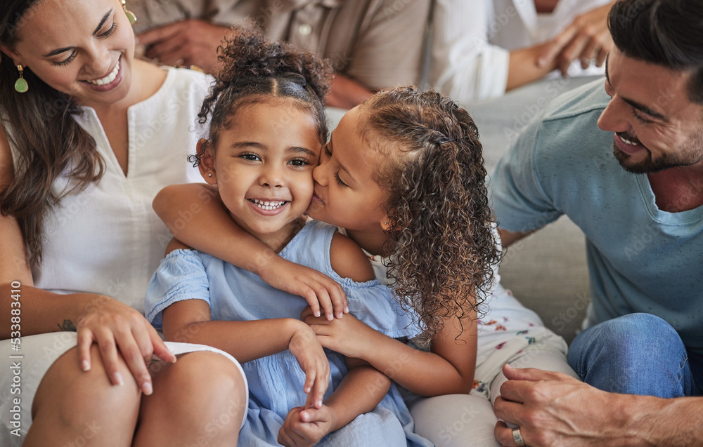 Sibling love, family and kiss with children sharing a special sister bond while at home with mom ...