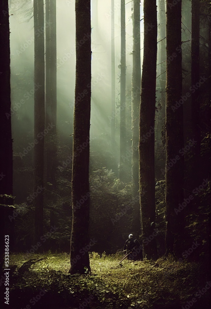 dark spooky forest trees drawing illustration misty moody foggy aumumn ...