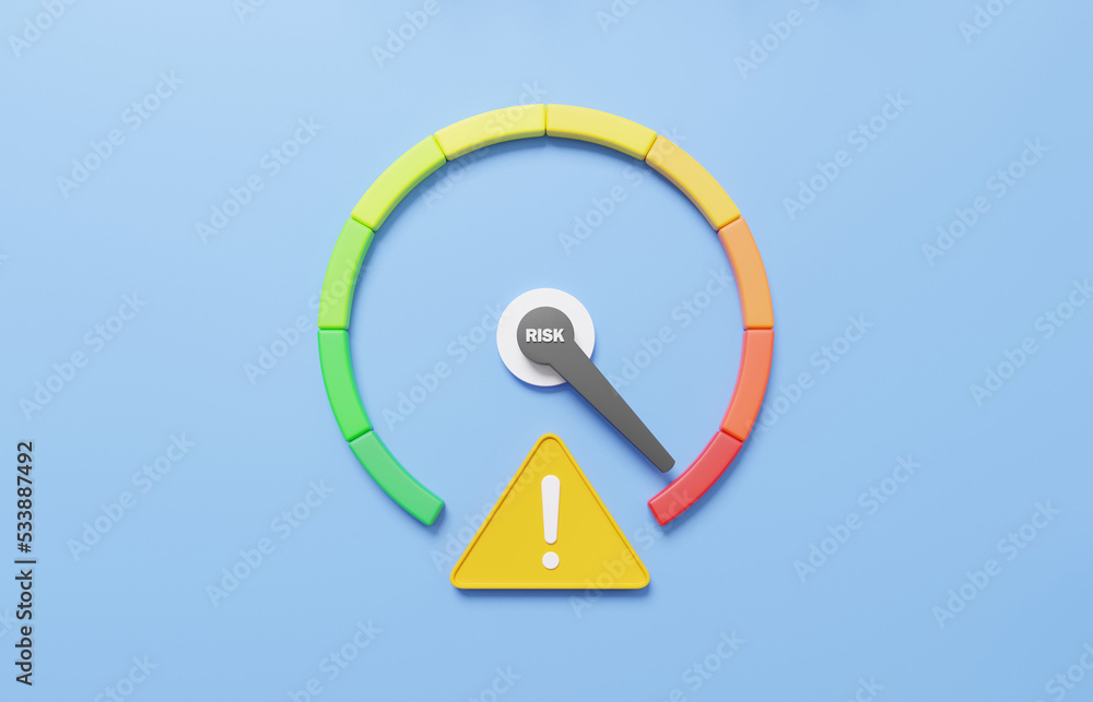 Risk levels speedometer icon with triangle warning on blue pastel ...