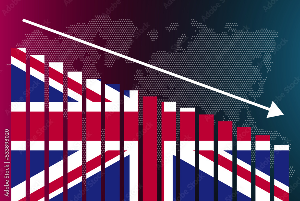 United Kingdom bar chart graph, decreasing values, crisis and downgrade ...