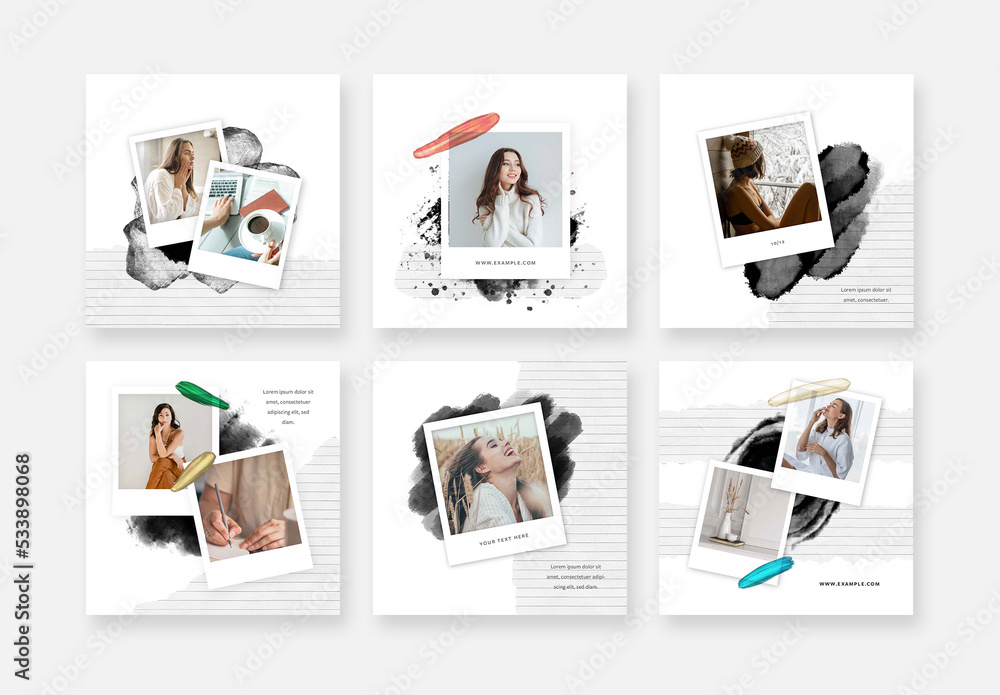 Creative Mobile Posts With Polaroids and Abstract Design Elements Stock ...