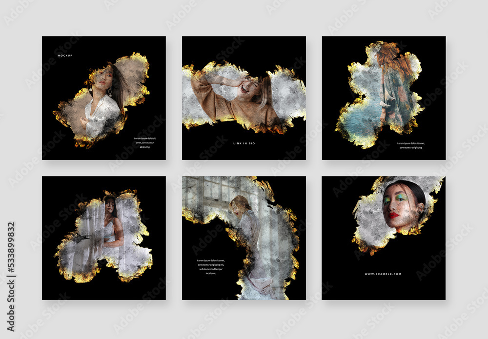 Social Media Layouts With Burnt Paper Mockup and Golden Edges Stock ...
