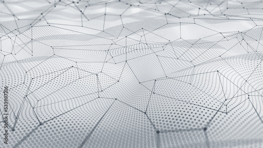 Black and white polygon mesh field. Cyber network, data flow, open ...