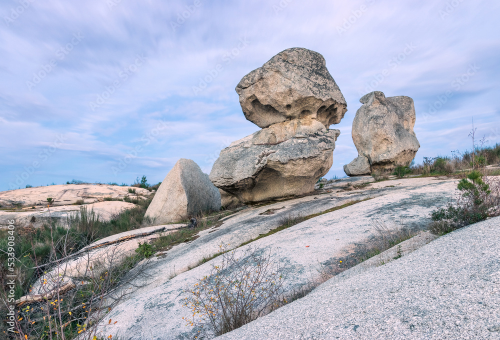 Estrela Geopark geosite with large granite rocks worn by erosion near ...