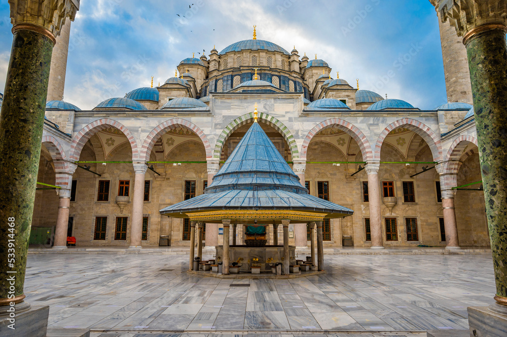 Istanbul, Turkey- 9 22 2019: Fatih's mosque courtyard shows the Islamic ...