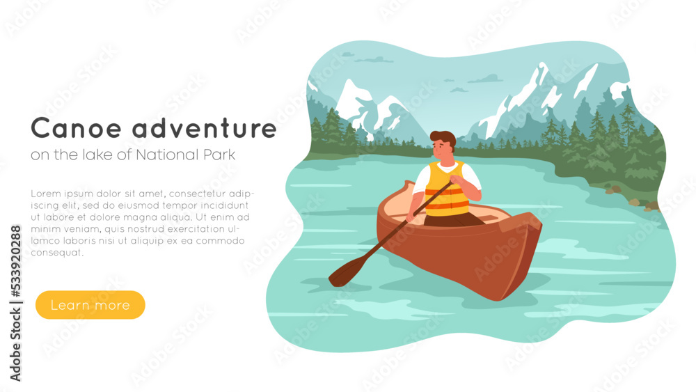 Canoe adventure banner template. Man rafting in canoe on lake, snowy ...