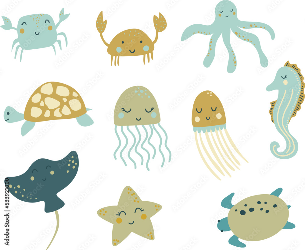 Sea animals, turtle, octopus, crab, seahorse, jellyfish, vector ...