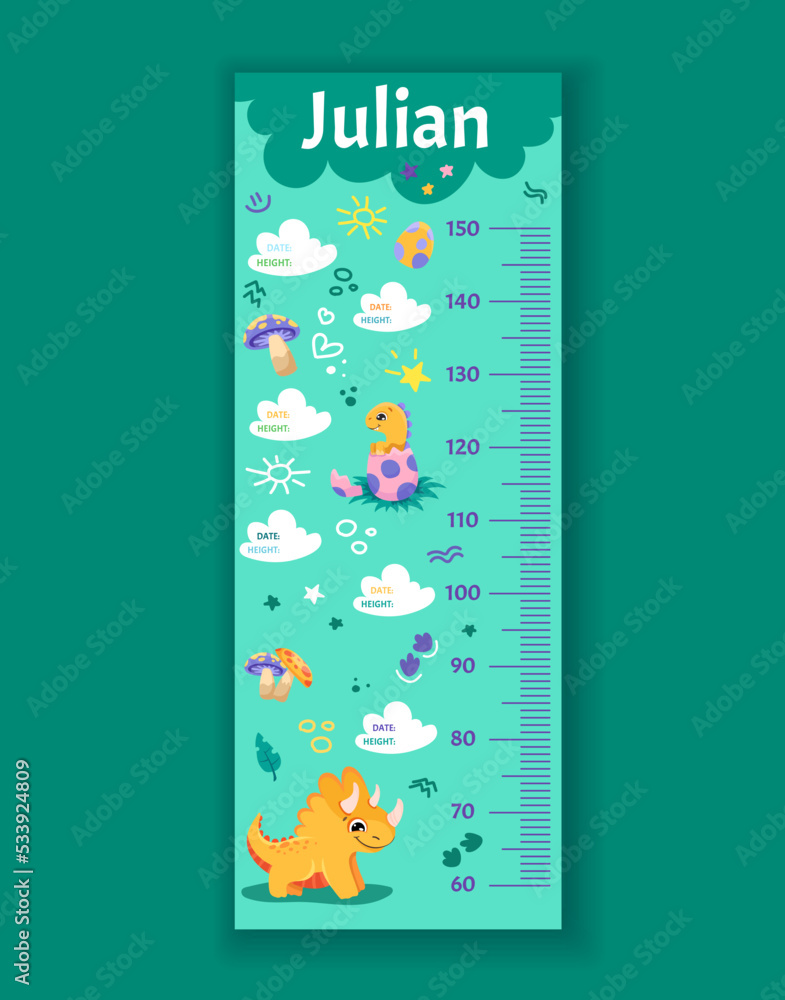 Kids height chart with different dinosaurs. Meter wall or Growth ruler ...