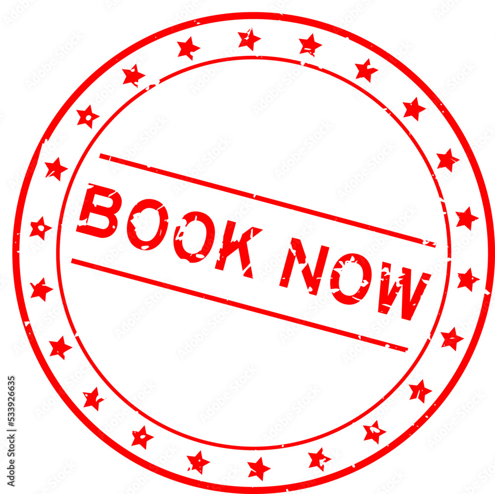 Grunge red book now word round rubber seal stamp on white background ...