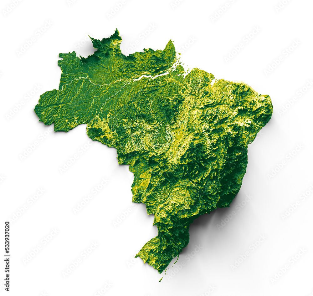 Poster Brazil map with the flag Colors Red and yellow Shaded relief map ...