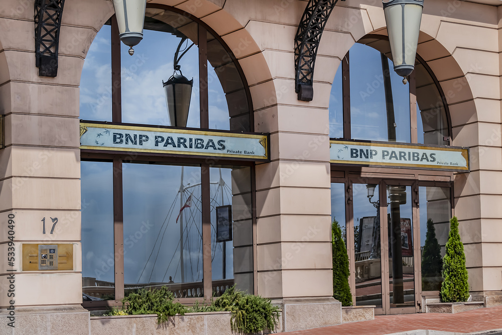 Facade of the private bank BNP PARIBAS in Monaco on Boulevard d'Ostende ...