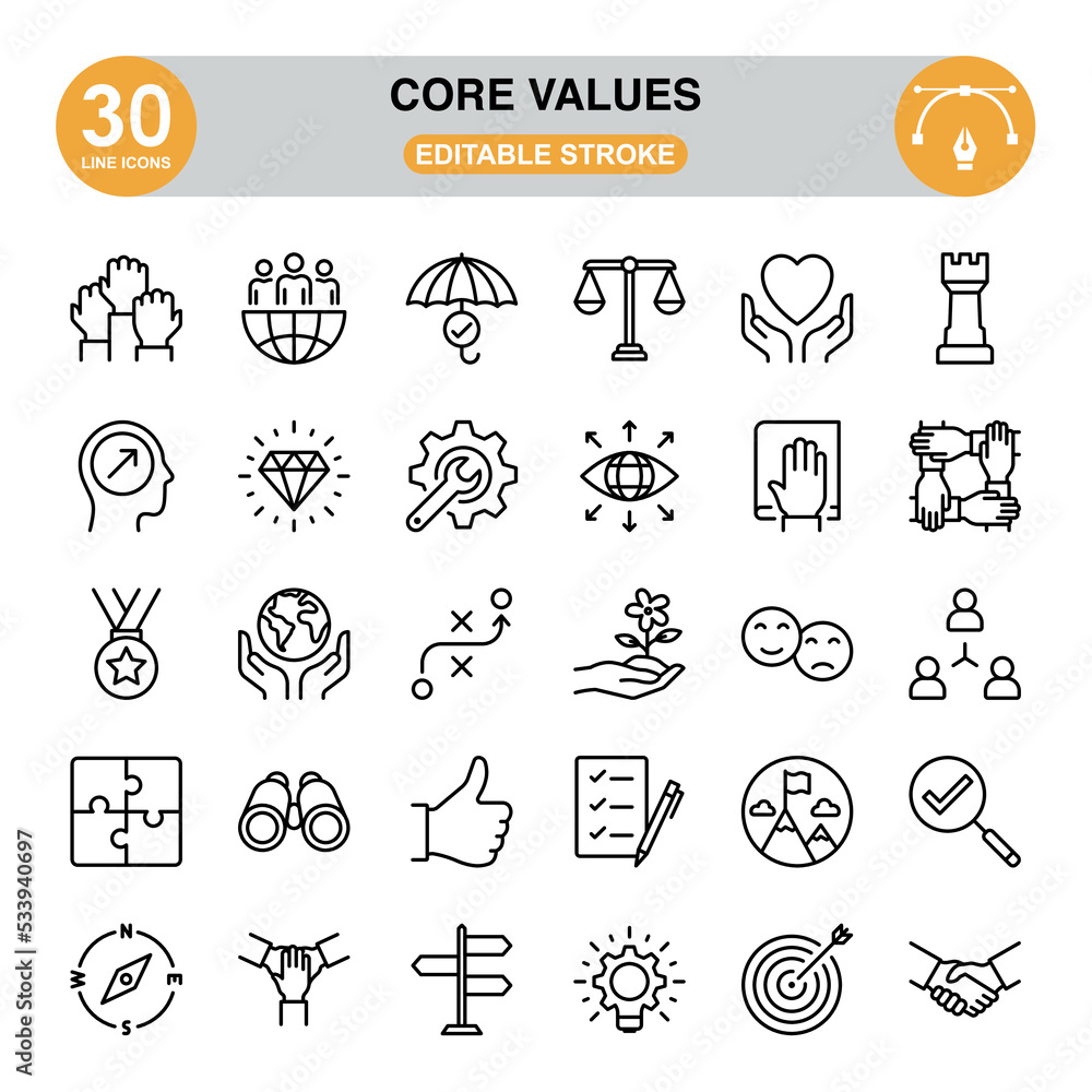 Core Values icon set. Editable stroke. Pixel perfect. icon set contains ...