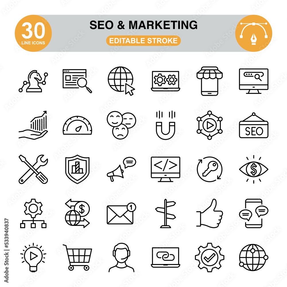 Seo And Marketing icon set. Editable stroke. Pixel perfect. icon set ...