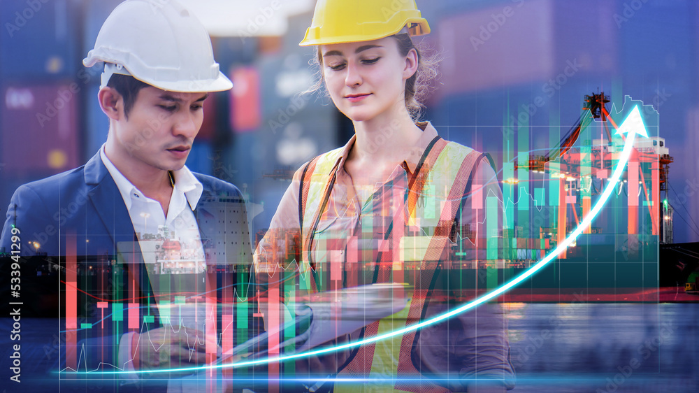 Confident man and woman engineer investment stock finance profit graph ...