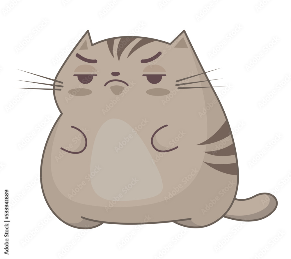 Funny cartoon vector fat cat with grumpy face. Lazy overweight pet ...