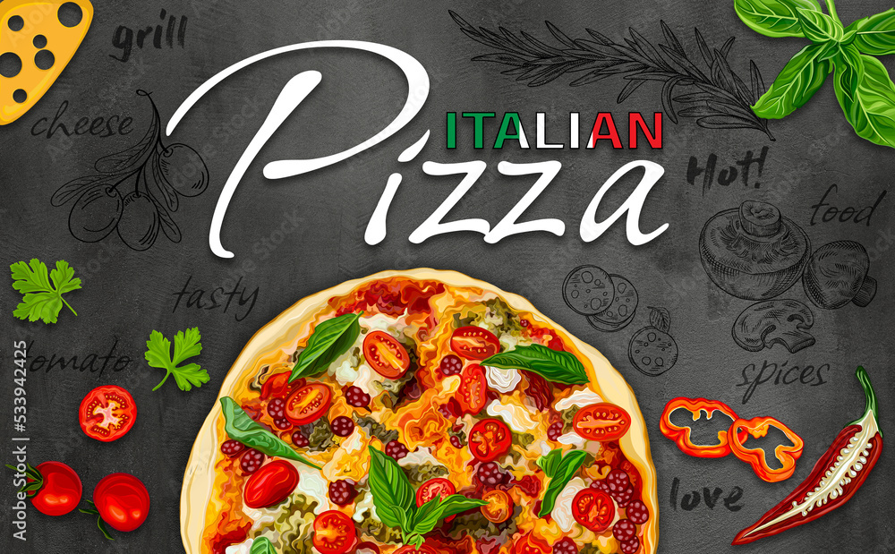 Pepperoni pizza ads with delicious ingredients on chalkboard background ...