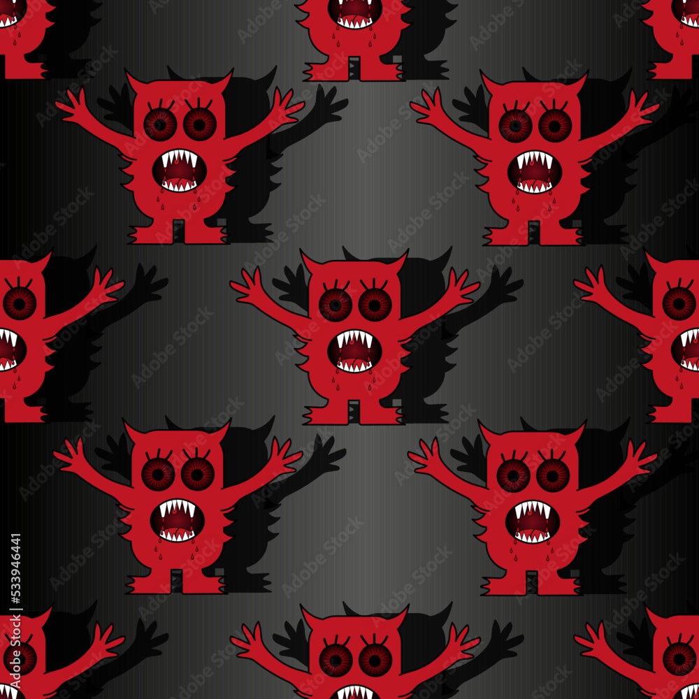 Seamless pattern with evil monsters with raised hand, sharp fangs and ...