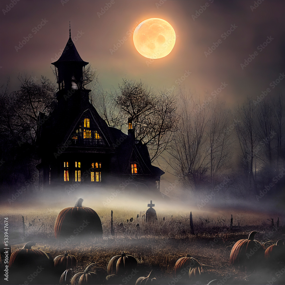 Haunted house on pumpkin field at night. Halloween design. Full moon ...