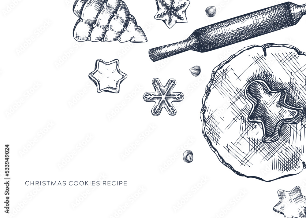 Christmas cookies banner. Sketched cooking process elements set ...