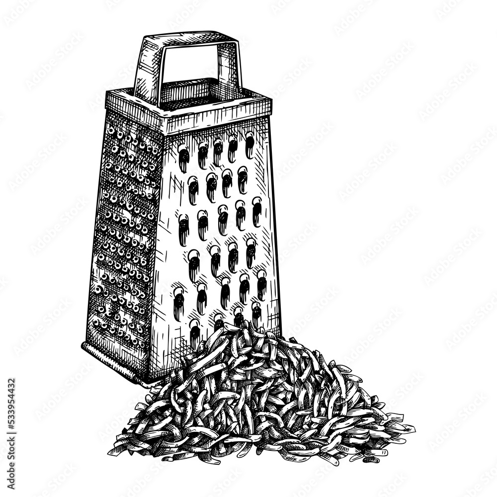 Grater and grated cheese hand drawn illustrations. Food design elements ...
