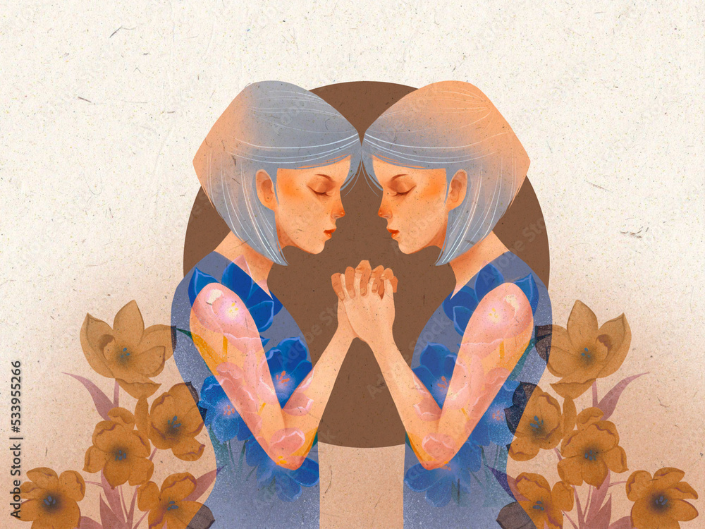 Women holding hands with each other, self reflection, mirror, shadow ...