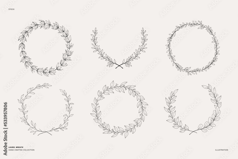 Hand drawn vector set of laurel wreaths. Wreath of gentle branches and ...