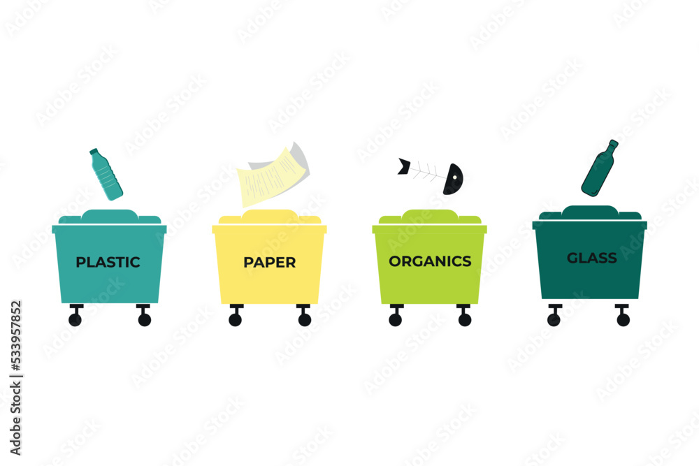 Different colored garbage sorting set - plastic, paper, organics, glass ... Different colored garbage sorting set - plastic, paper, organics, glass ...