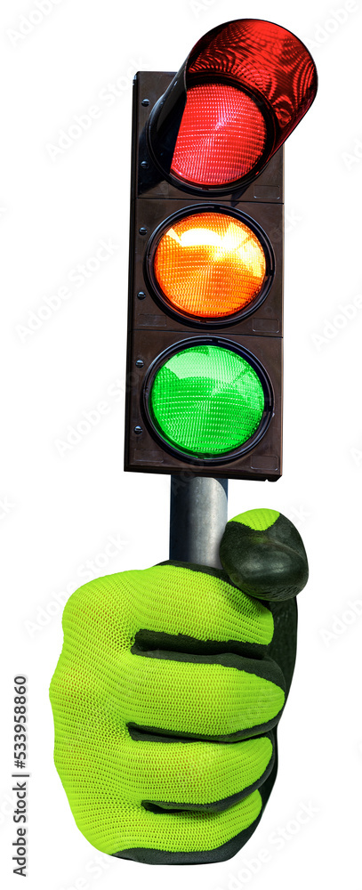 Hand with protective work glove, holding a traffic light, with all ...