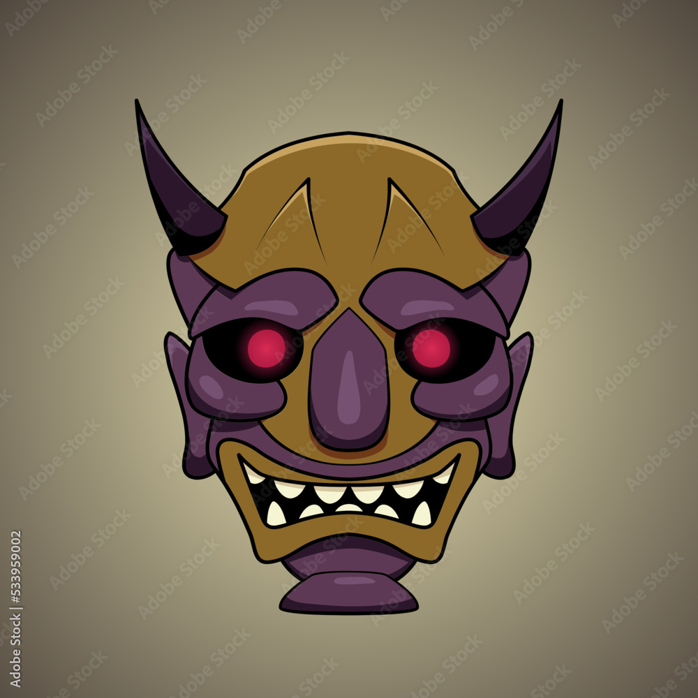 Vector illustration of Japanese style purple oni mask cartoon. Print ...