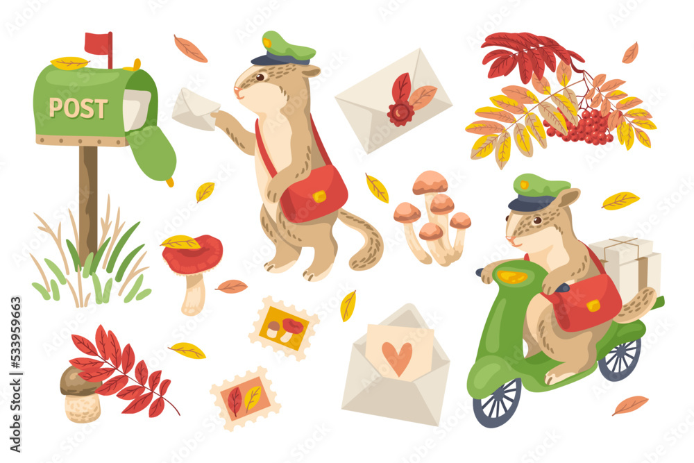 Happy comic wild animal as mailman vector illustrations set. Cute ...