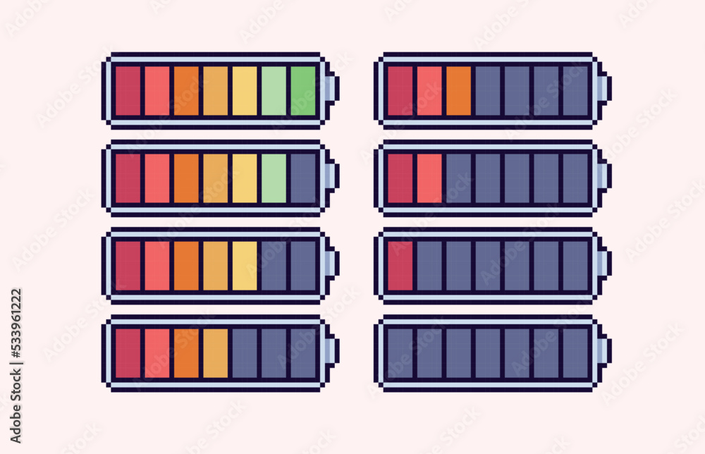 Battery power levels pixel art set. Energy charge bars collection. 8 ...