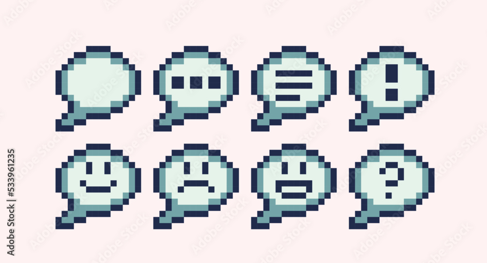 Vetor de Social reaction round bubble pixel art set. Smile, laugh, sad ...