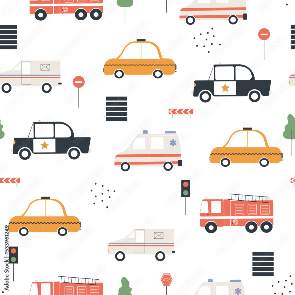 Cartoon seamless pattern of urban transport. Cute vector fire truck ...