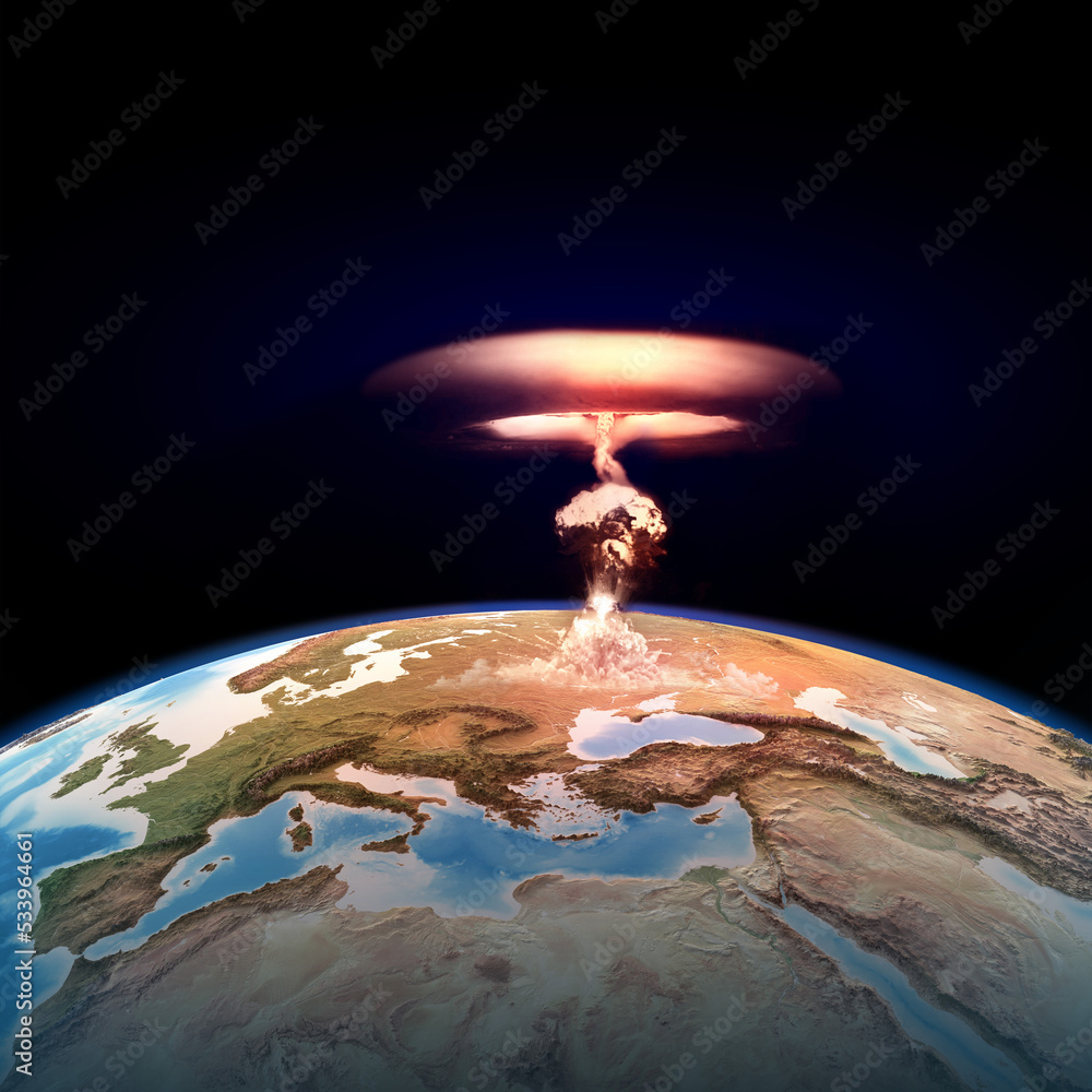 Atomic bomb explosion on Europe. Nuclear war starting with a mushroom ...