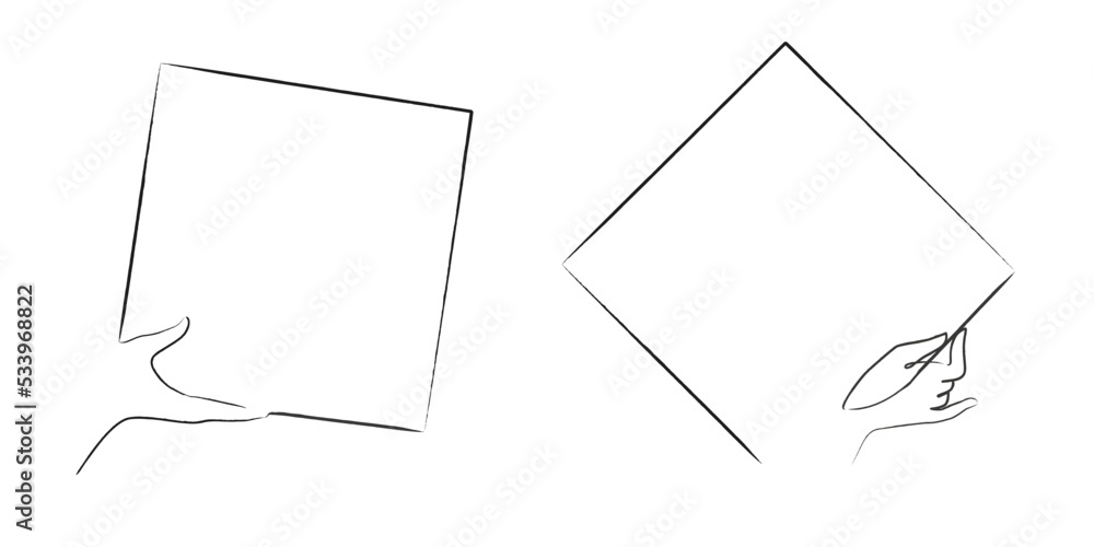 square frame set with hand holding and sketching - One line ink art ...