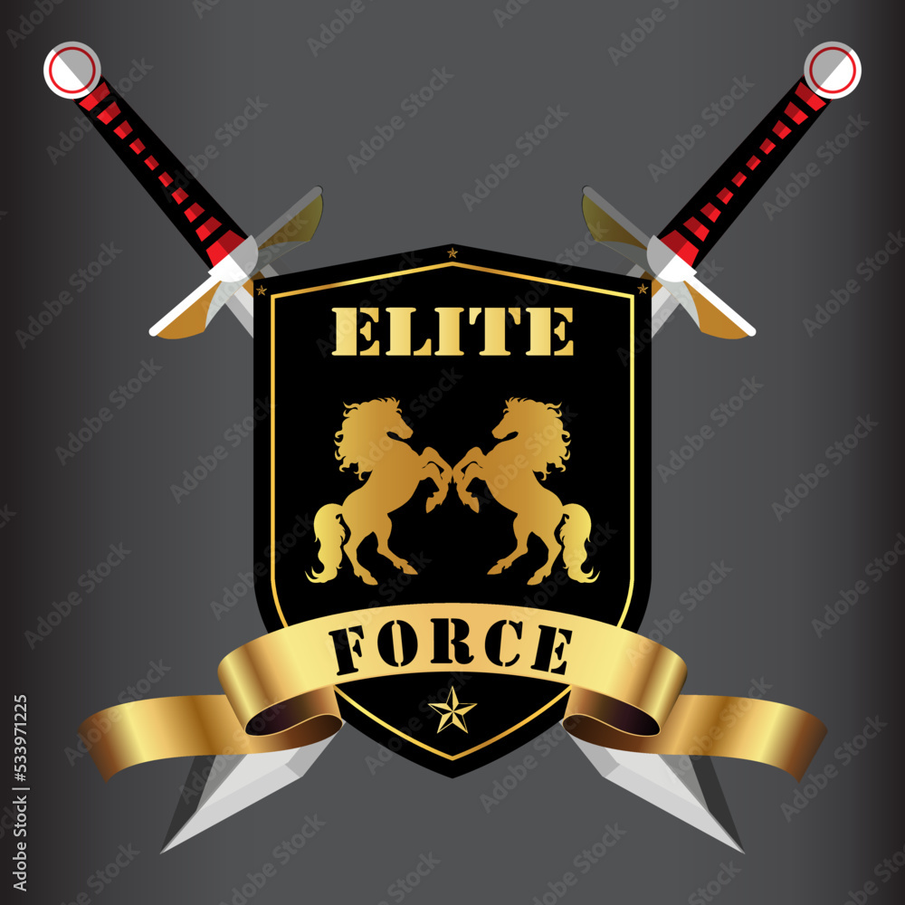elite army logo with horse icon with sword and shield combination Stock ...