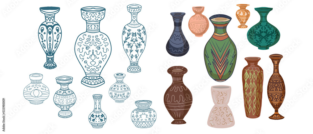 Flower vases with pattern historical folk hand drawn colored and ...