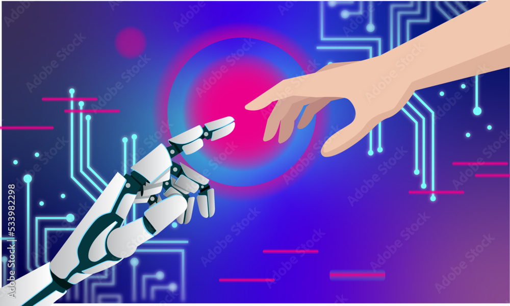 Robotic hand touching a human hand. concept of technology and ...