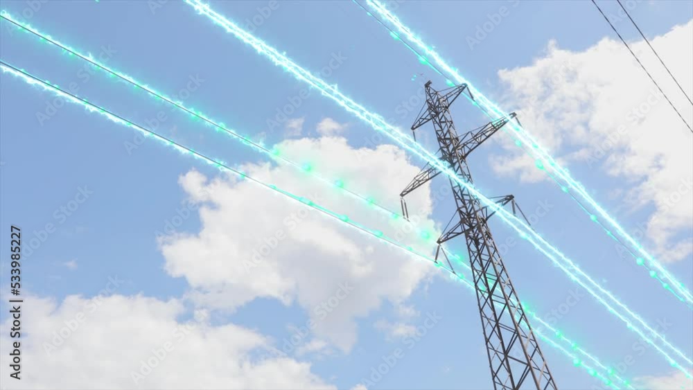 High voltage tower. Visualization of current in wires. High voltage ...