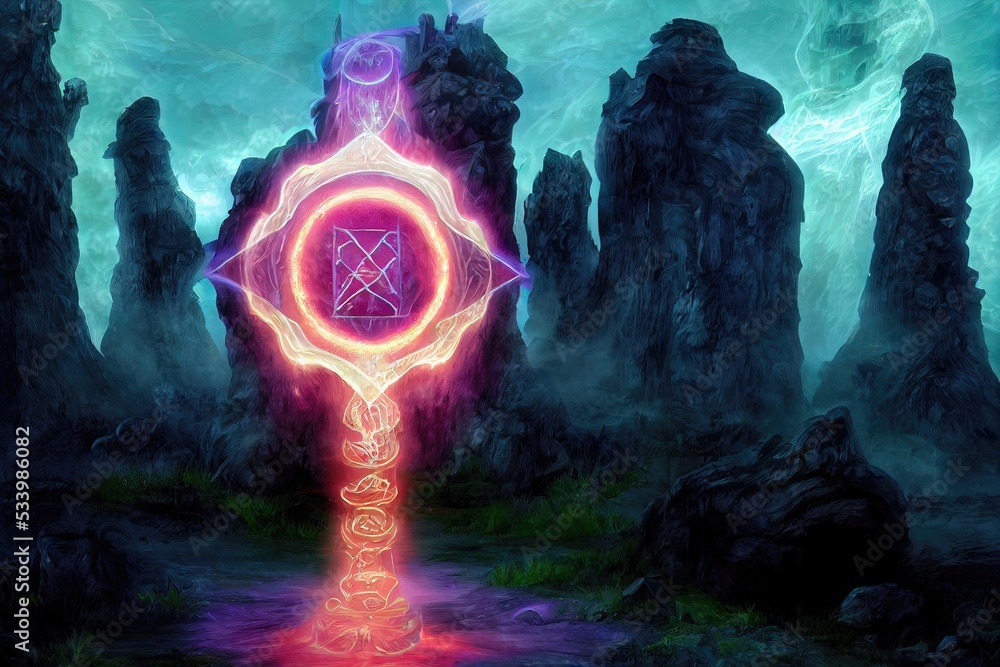 Fantasy night landscape with magical power, ancient stones with magical ...