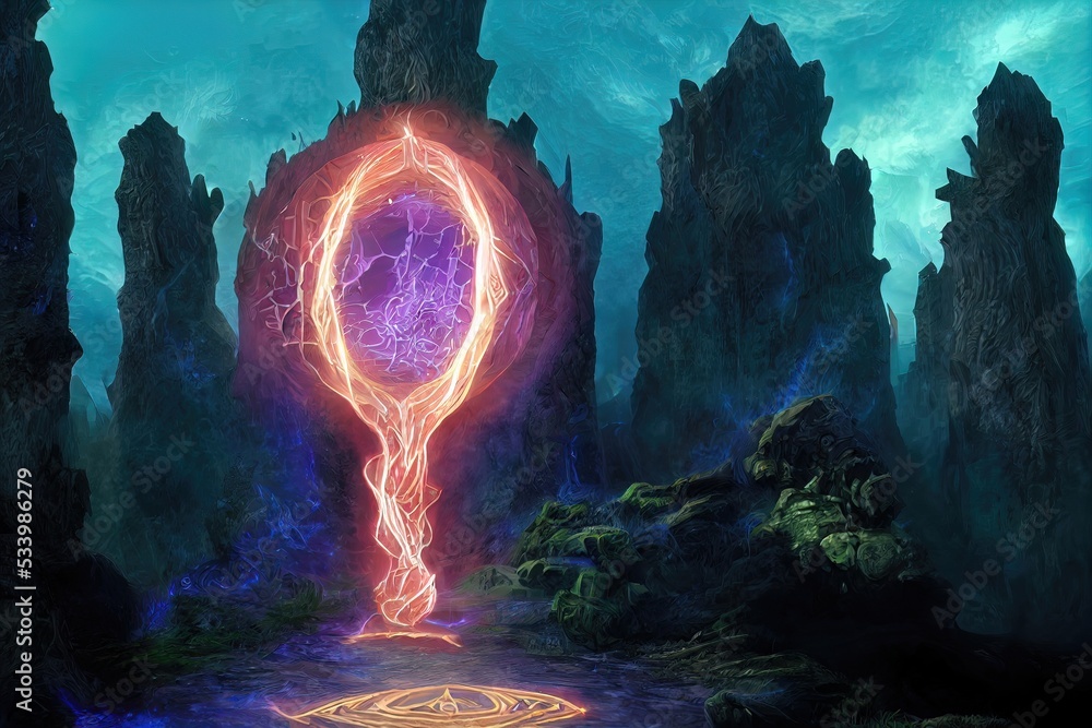 Fantasy night landscape with magical power, ancient stones with magical ...