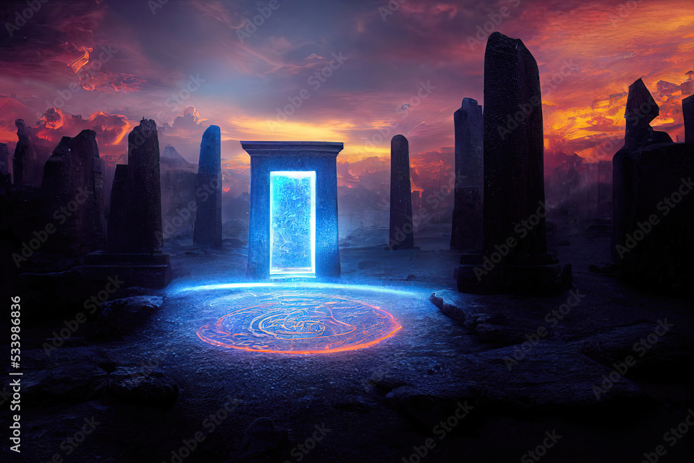 Fantasy night landscape with magical power, ancient stones with magical ...