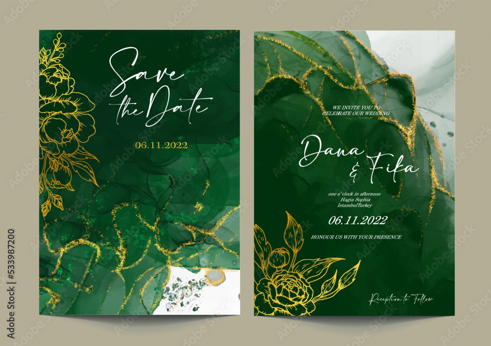 Luxury emerald green wedding invitation with abstract gold sparkle ...