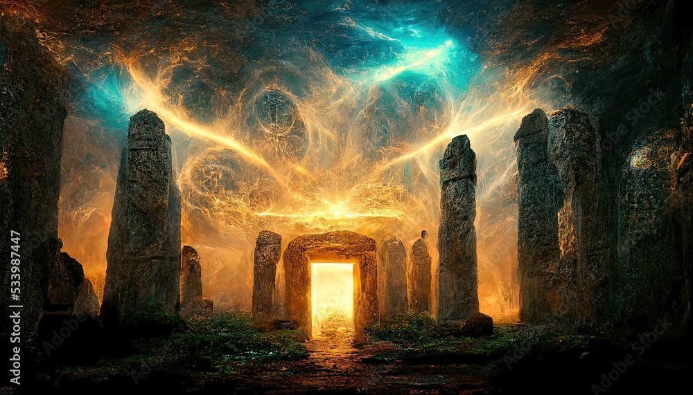 Fantasy night landscape with magical power, ancient stones with magical ...