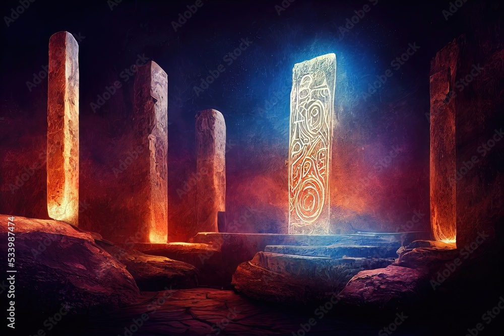 Fantasy night landscape with magical power, ancient stones with magical ...