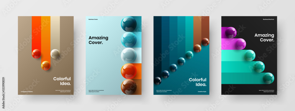 Modern pamphlet design vector illustration set. Vivid 3D balls company ...