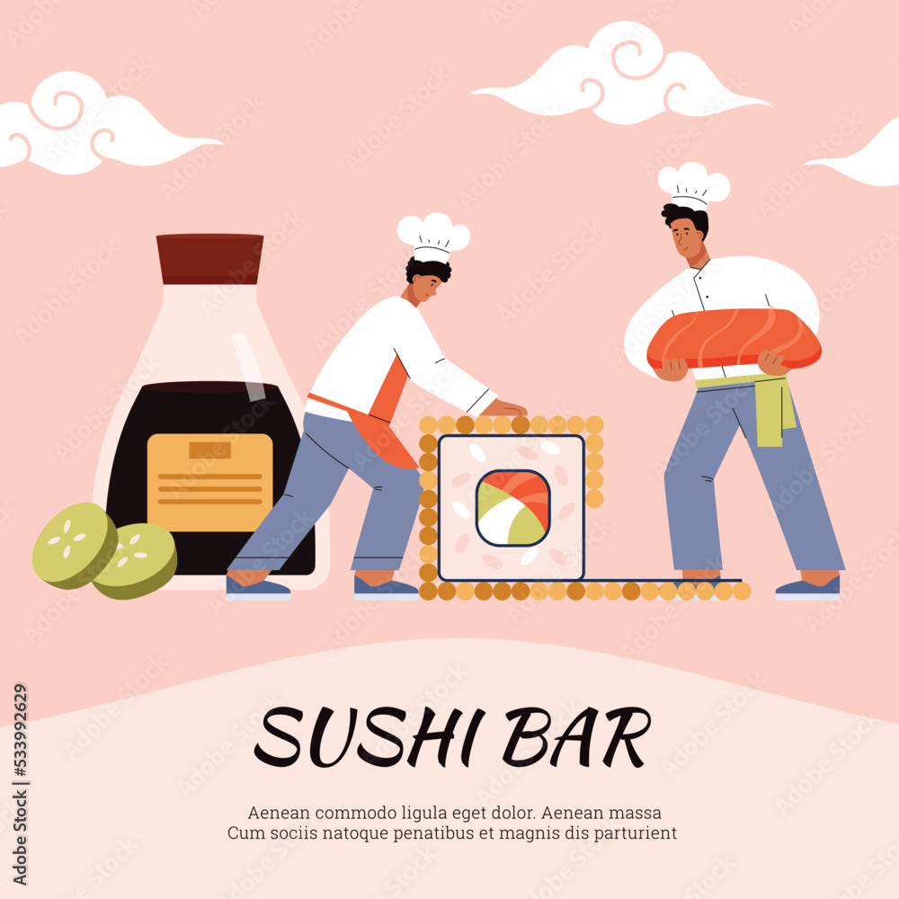 Sushi bar banner or poster with cartoon tiny sushi cooks flat vector ...