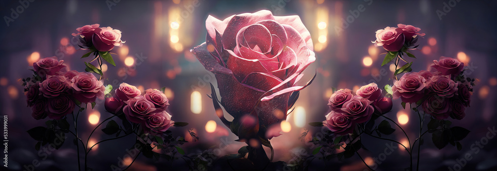 Romantic bouquet of roses. Fantasy rose, light blurred bokeh. Romantic evening atmosphere, rose ...