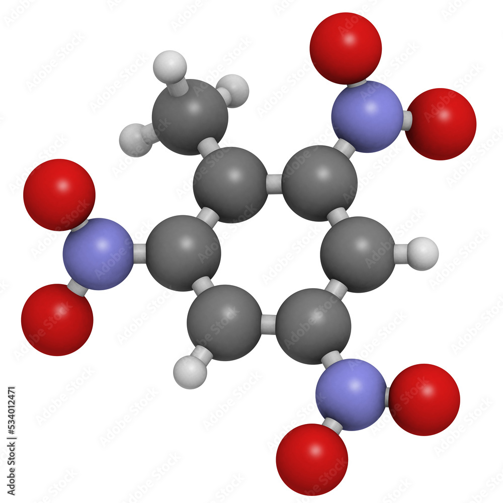 Trinitrotoluene (TNT) explosive molecule, chemical structure Stock ...